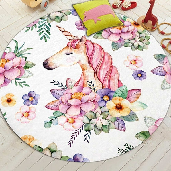 White Floral Print Round Unicorn Floor Mat Rug – 100 Unicorns